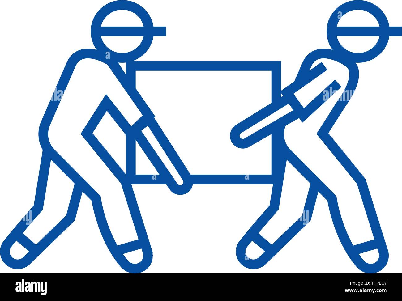 Deliverymen,box taking line icon concept. Deliverymen,box taking flat ...