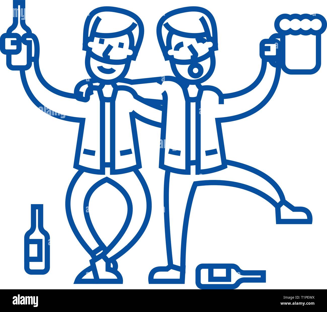 Drunk people,drunk party,two men drinking line icon concept. Drunk ...