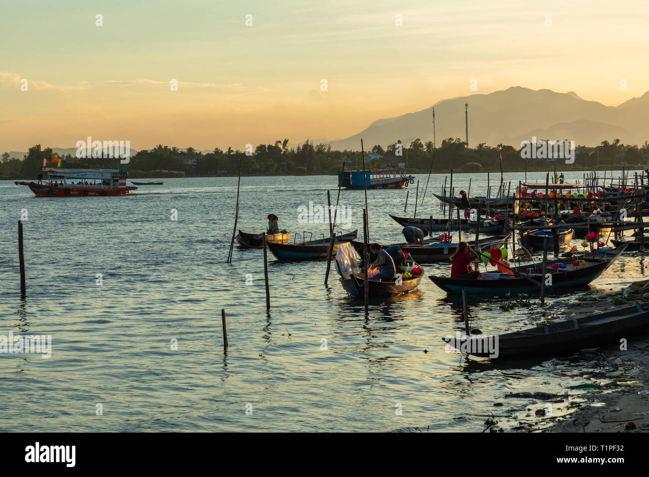Traditional boats in Hoi An, Vietnam. Sunset time. Hoi An is the World ...
