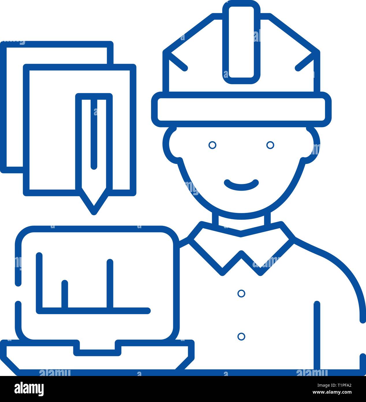 Engineer and computer line icon concept. Engineer and computer flat ...