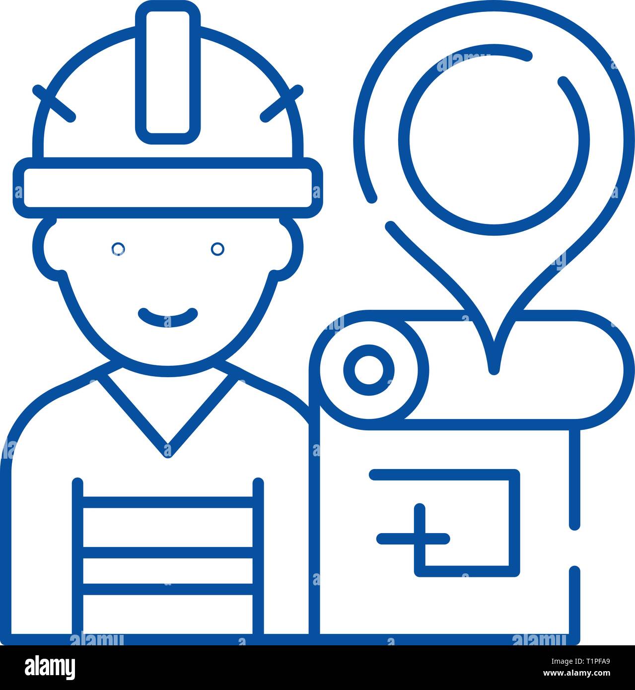 Engineer and house plan line icon concept. Engineer and house plan flat ...