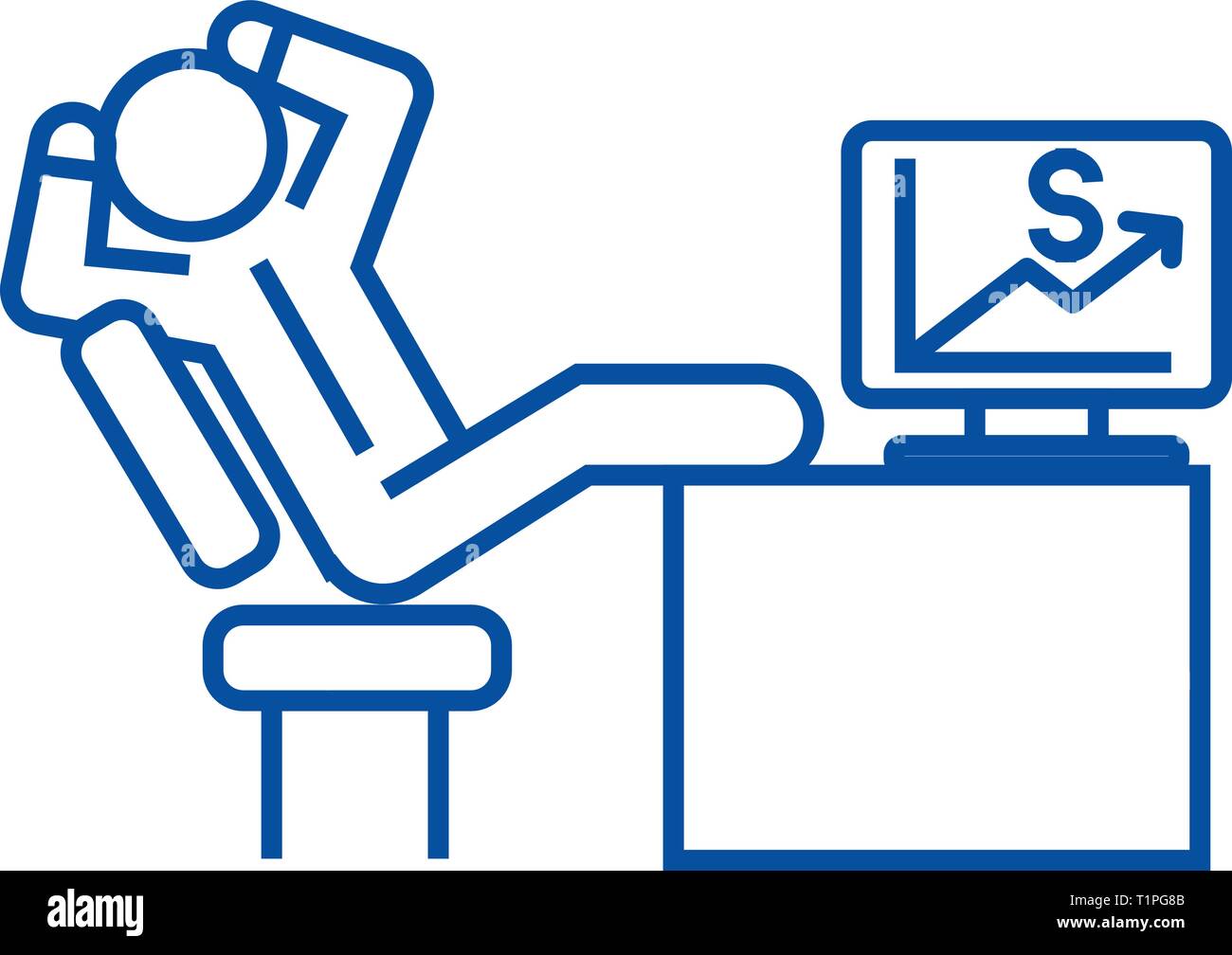 Relaxing business man sitting at desk line icon concept. Relaxing ...
