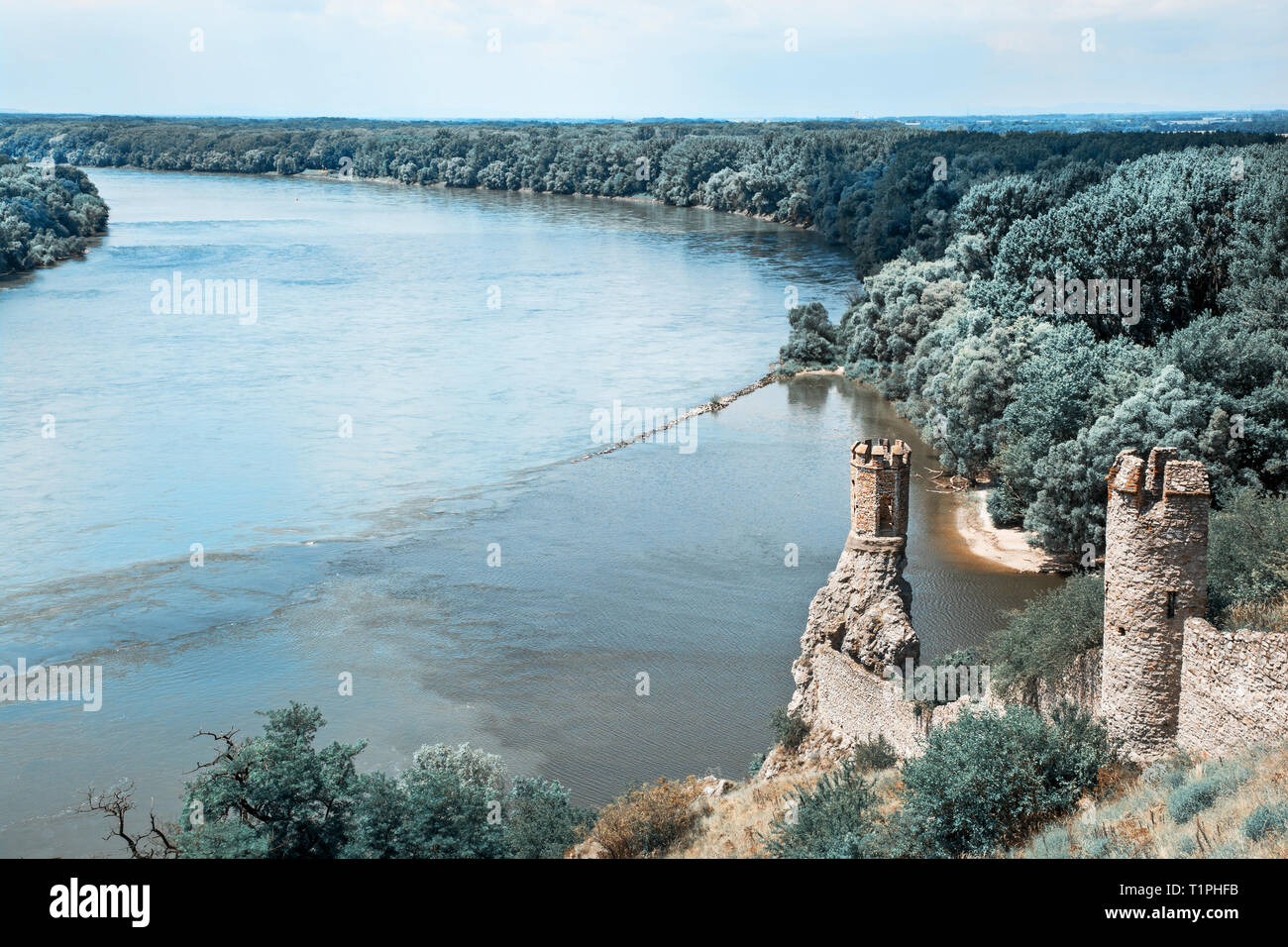 Maiden tower of Devin castle and confluence of the Danube with Morava ...