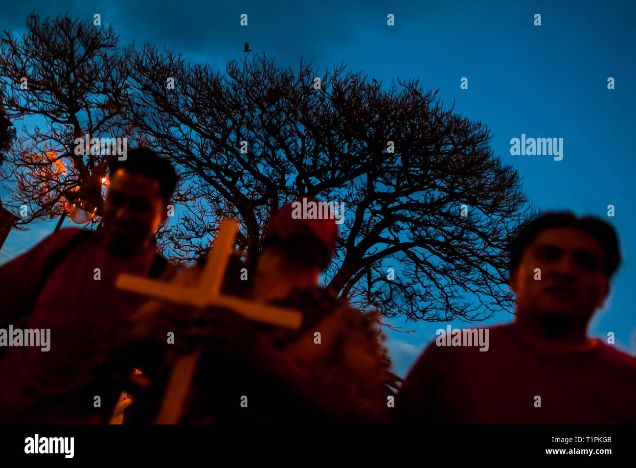 A Catholic penitent, holding a wooden cross, takes part in the Holy ...