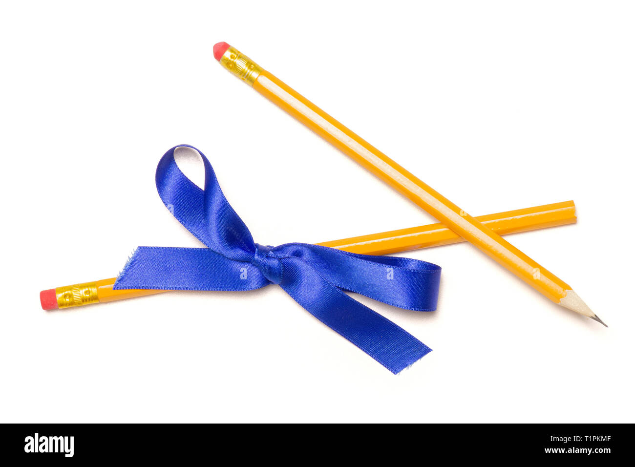 Group of two whole yellow pencil tied by ribbon flatlay isolated on ...