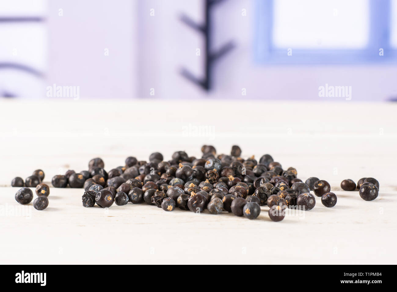 Lot of whole dry juniper berry seed with blue window in background ...