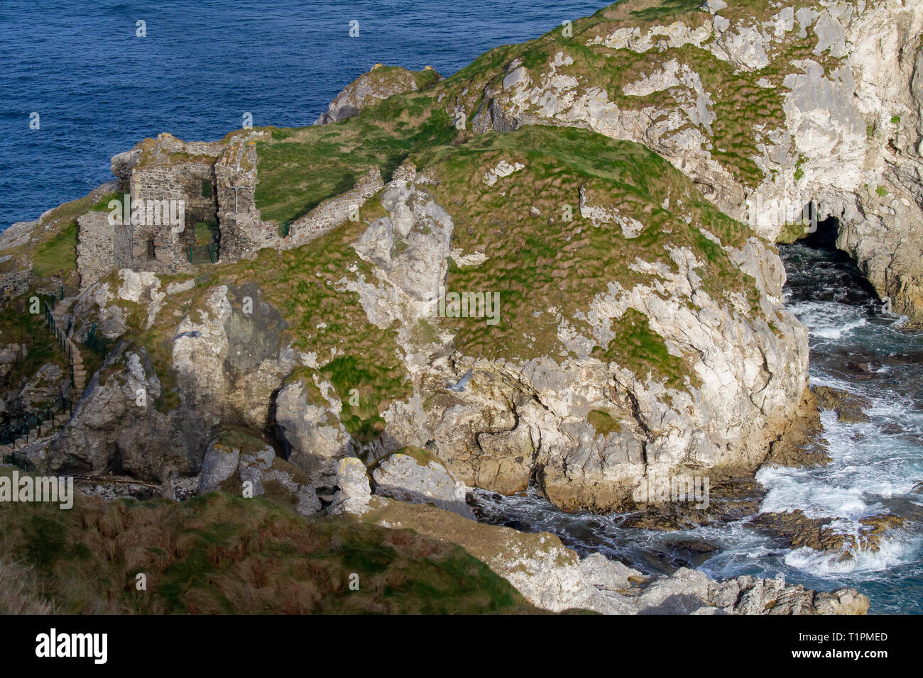 Castle ruins on the coast of Northern Ireland. Kinbane castle on a ...