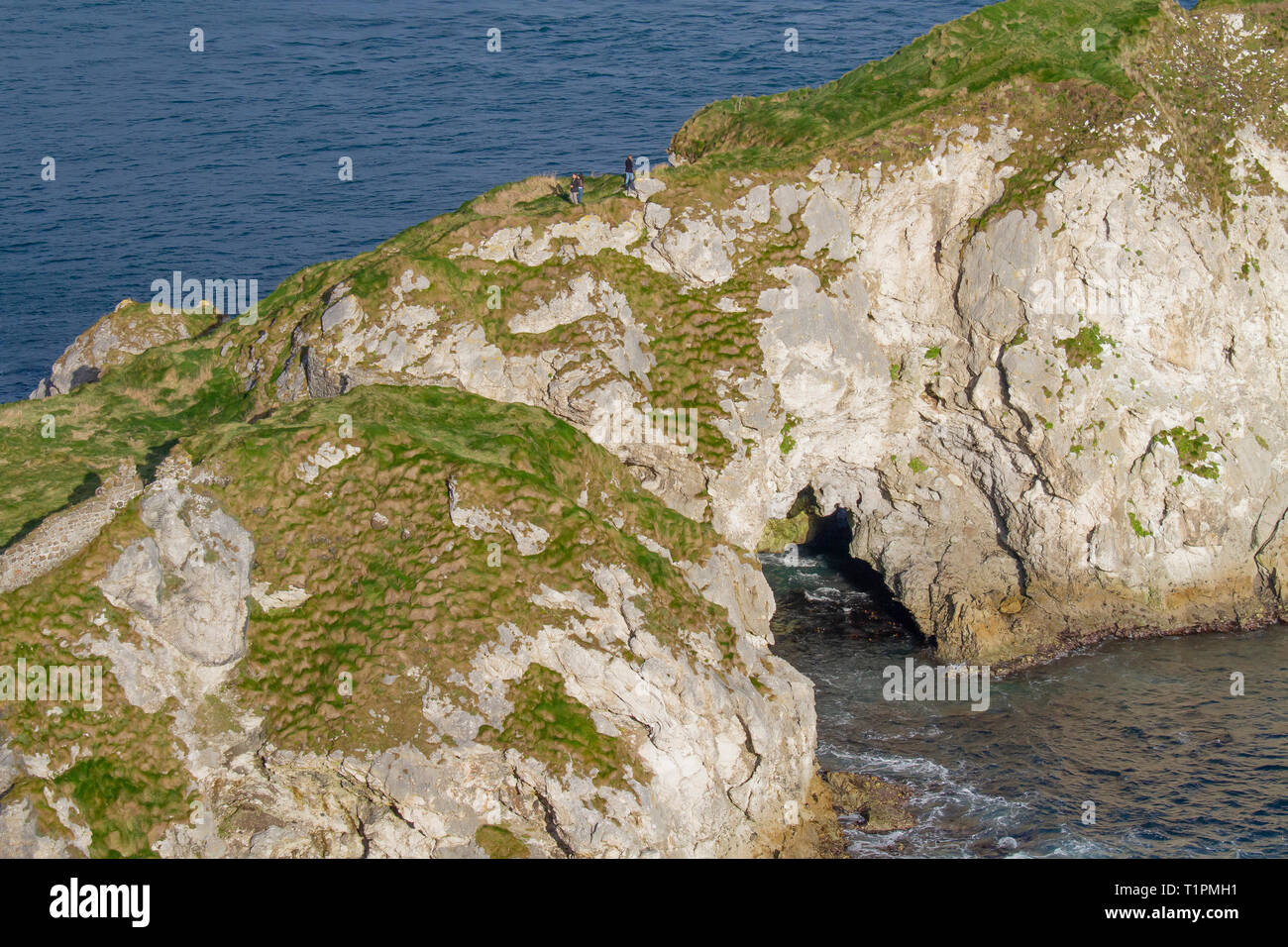 Aerial view of Kinbane Head on the north coast of County Antrim ...