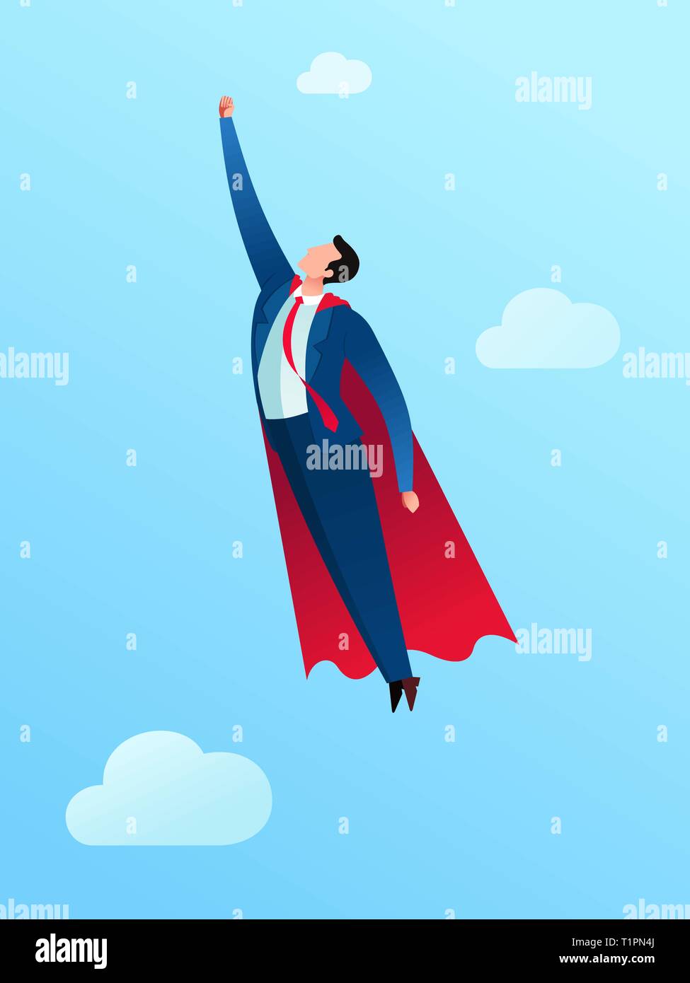 Businessman wearing a cape and taking off to high sky. Business concept ...