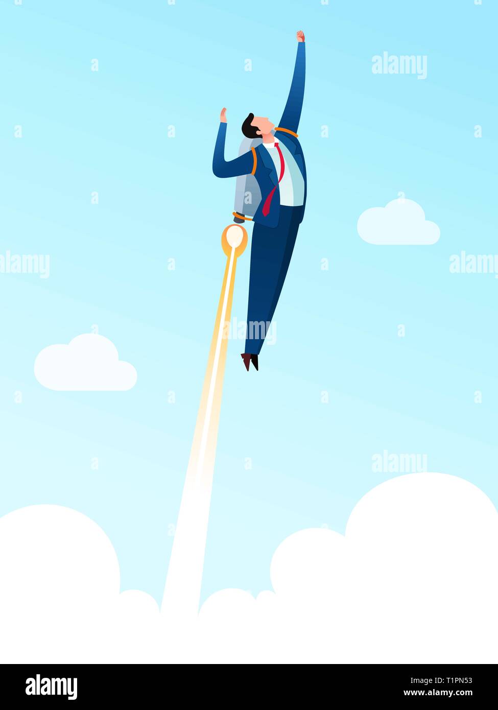Businessman wearing a jetpack and taking off to high sky. Business ...