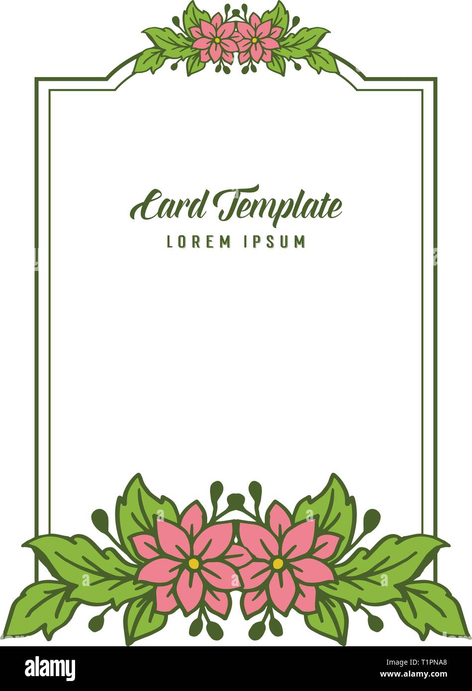 Vector illustration writing of card template with green leafy flower ...