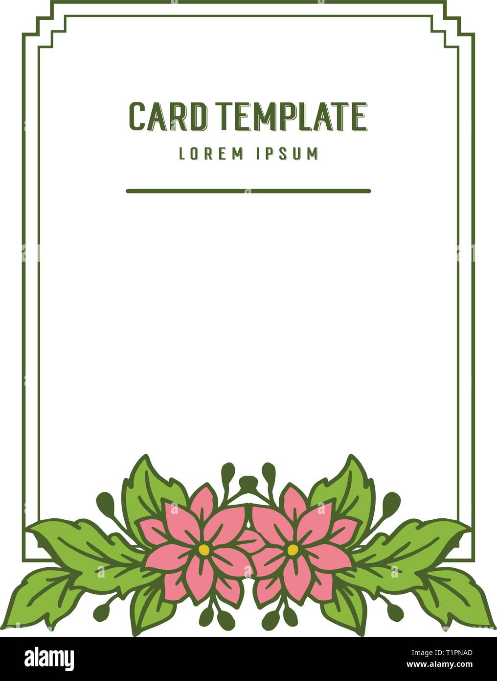 Vector illustration writing of card template with green leafy flower ...