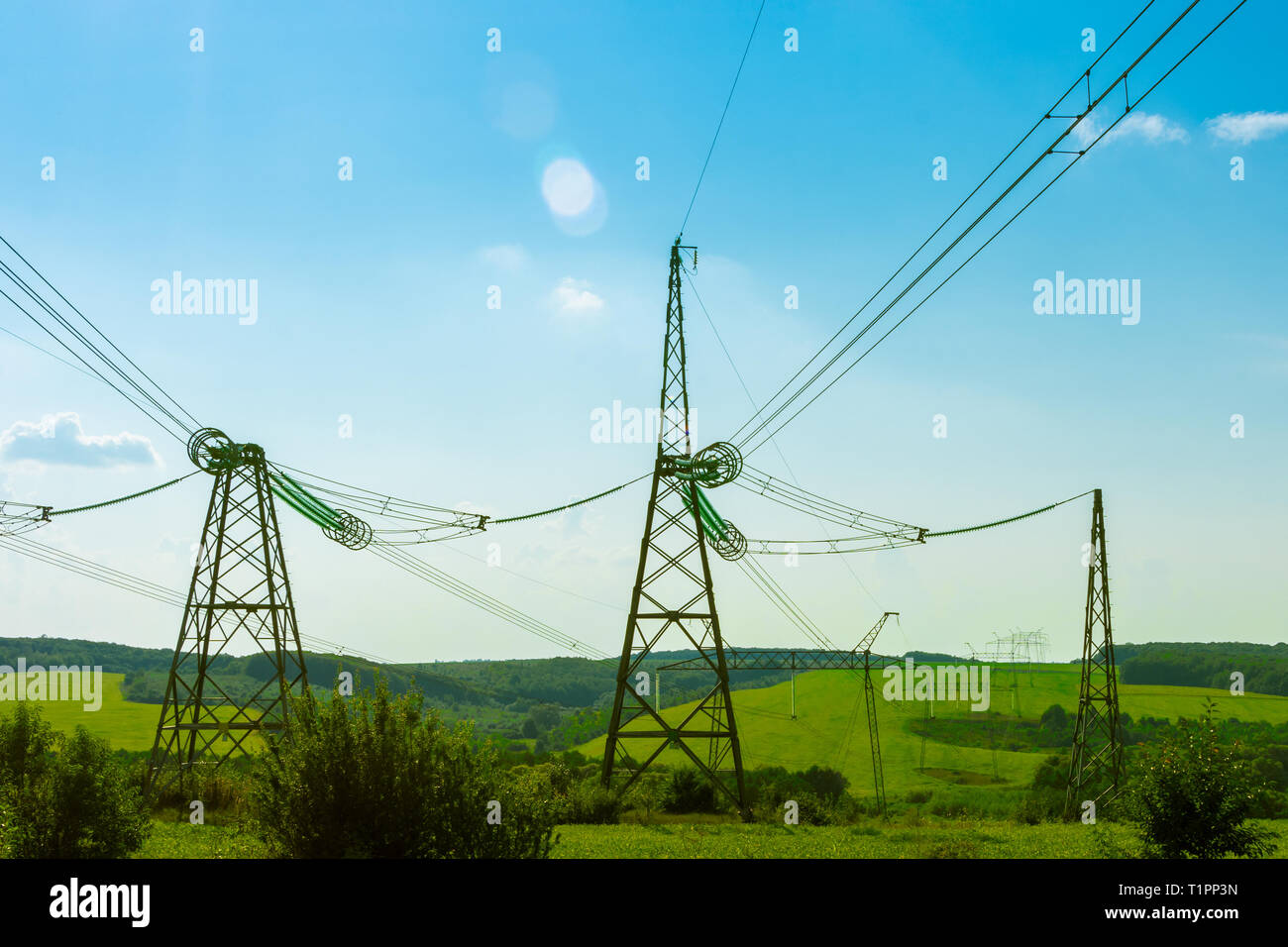 power line close up against the blue sky. Power a industry Stock Photo ...