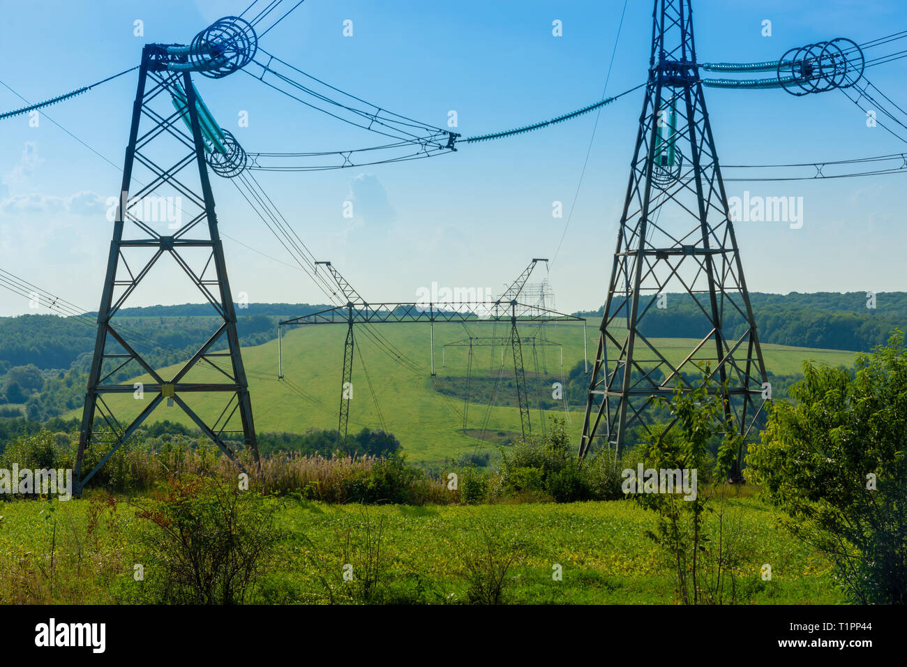 power line close up against the blue sky. Power a industry Stock Photo ...
