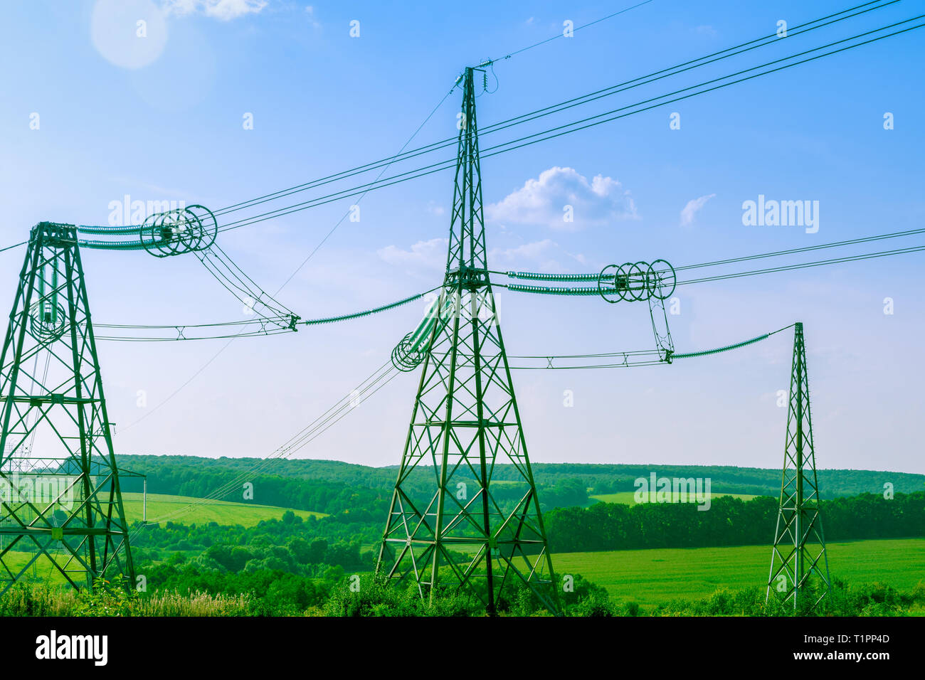power line close up against the blue sky. Power a industry Stock Photo ...