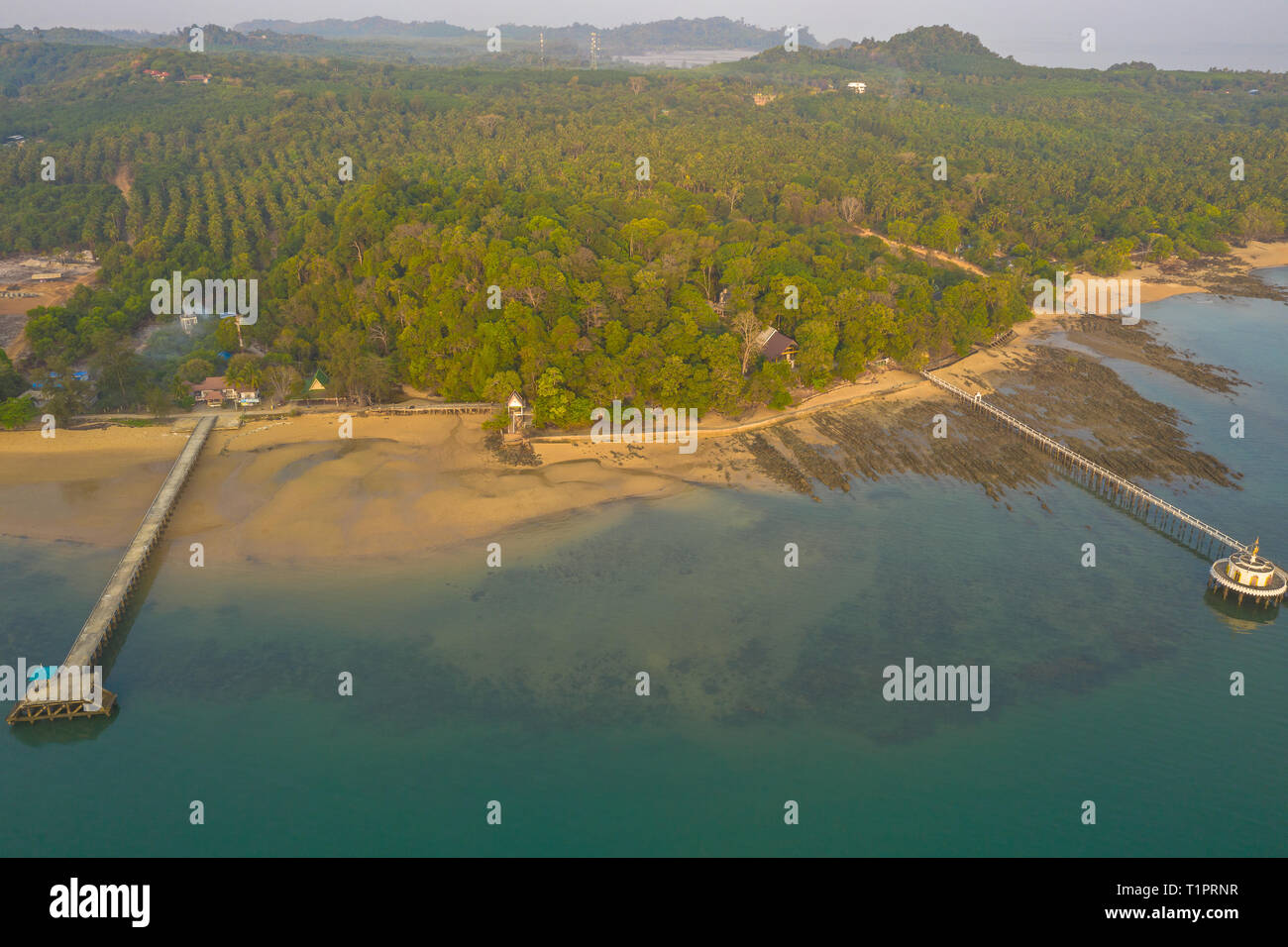 aerial view sunrise at pier of Phayam temple one landmark of Phayam ...