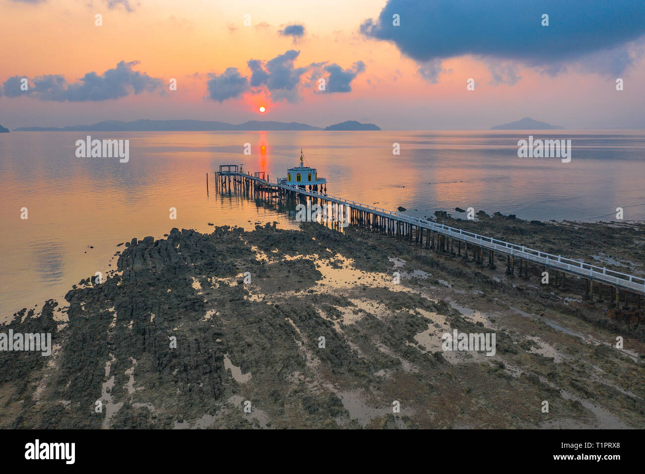 aerial view sunrise at pier of Phayam temple one landmark of Phayam ...