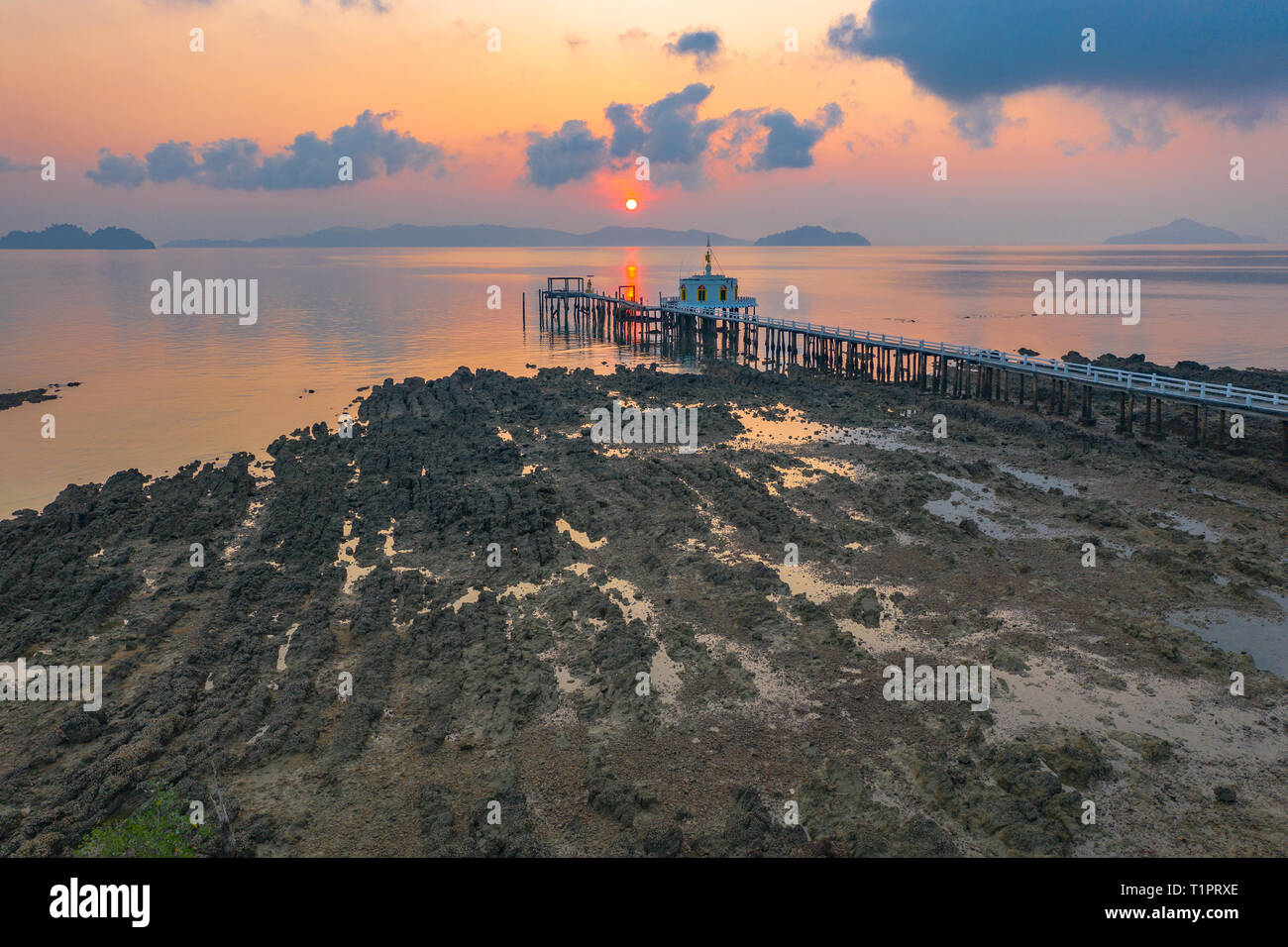 aerial view sunrise at pier of Phayam temple one landmark of Phayam ...