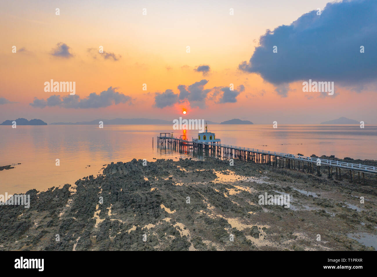 aerial view sunrise at pier of Phayam temple one landmark of Phayam ...