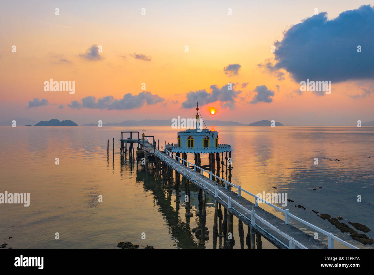 aerial view sunrise at pier of Phayam temple one landmark of Phayam ...