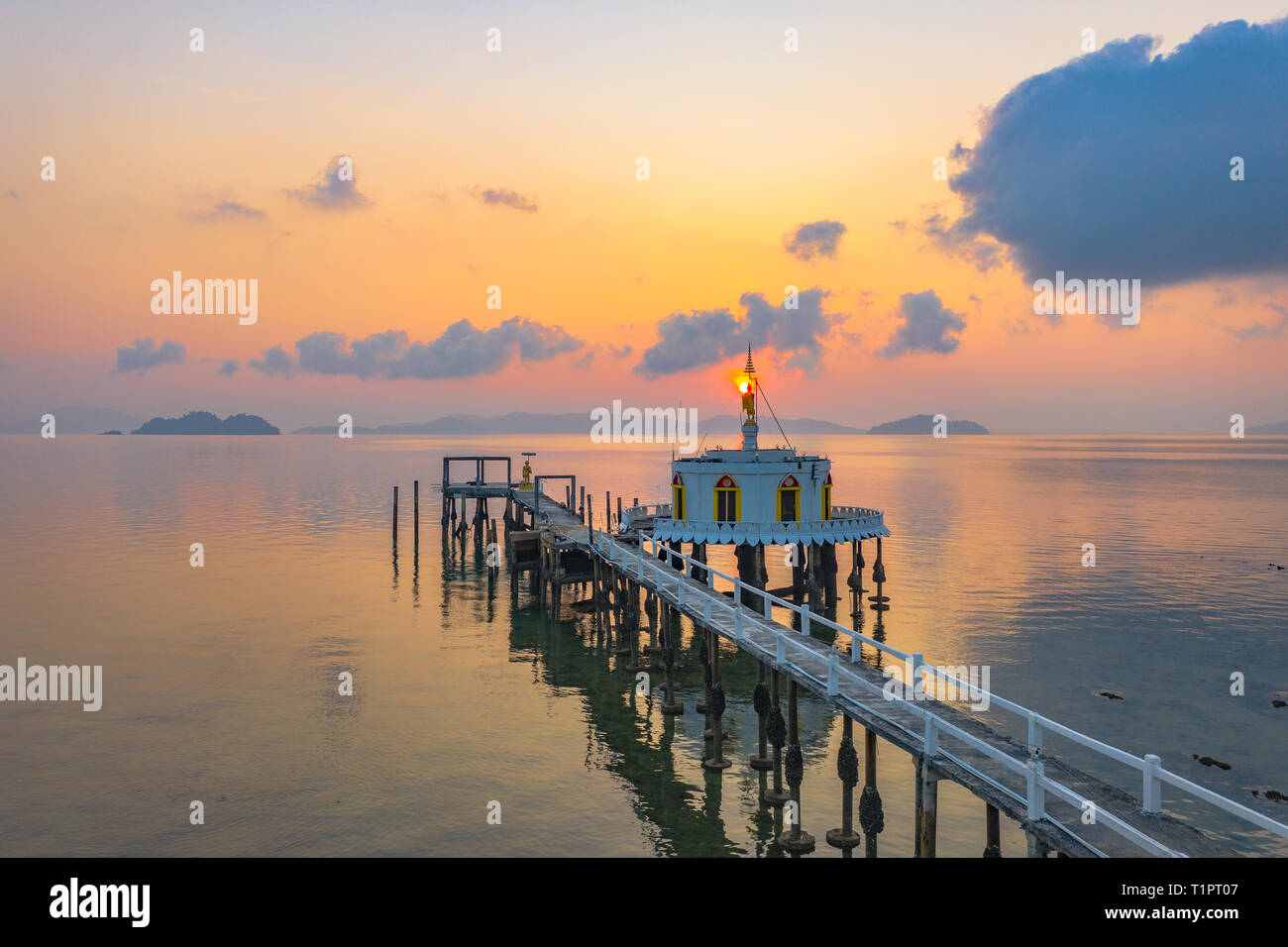 aerial view sunrise at pier of Phayam temple one landmark of Phayam ...
