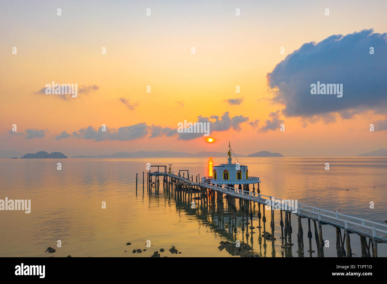aerial view sunrise at pier of Phayam temple one landmark of Phayam ...