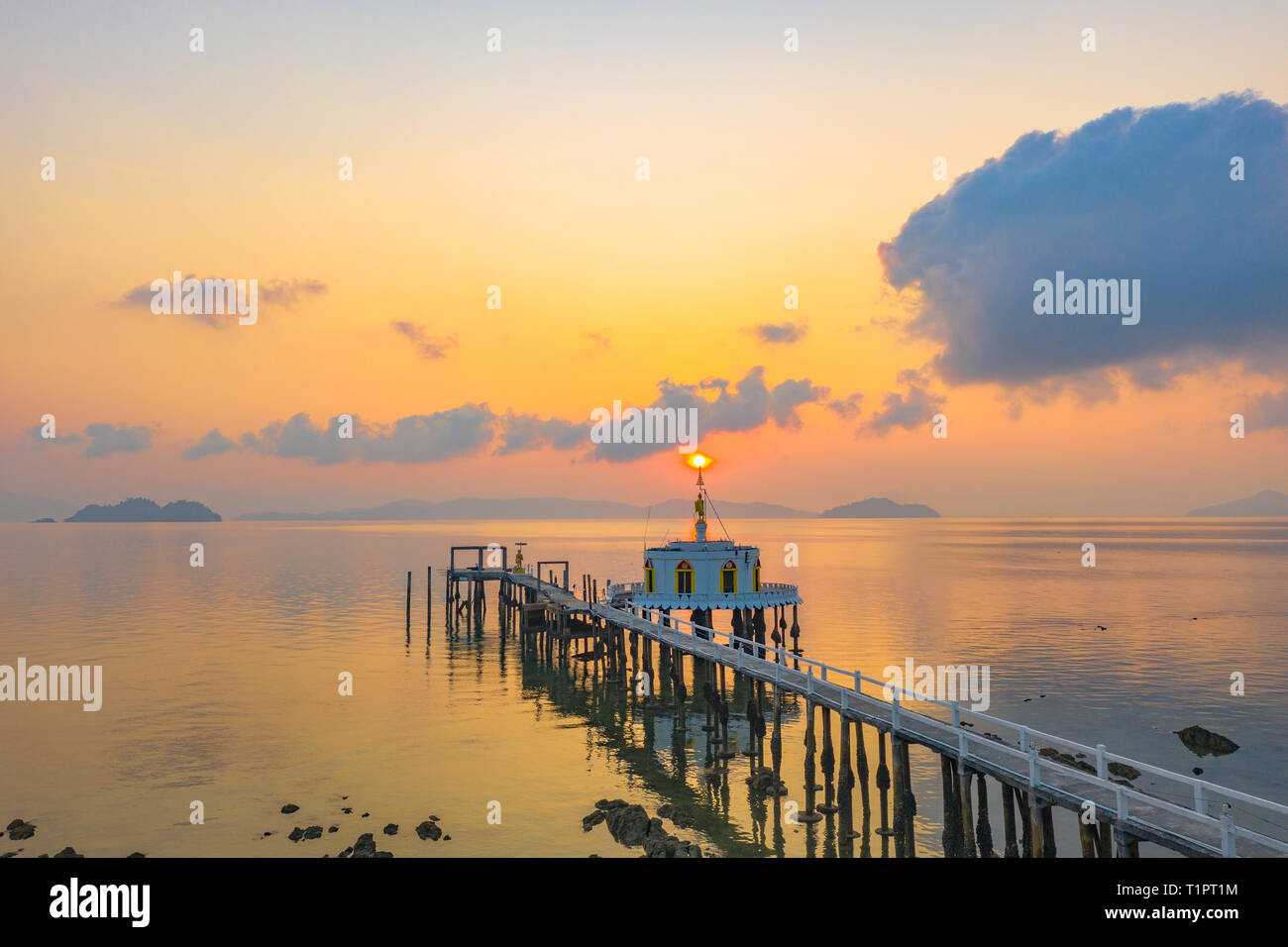 aerial view sunrise at pier of Phayam temple one landmark of Phayam ...