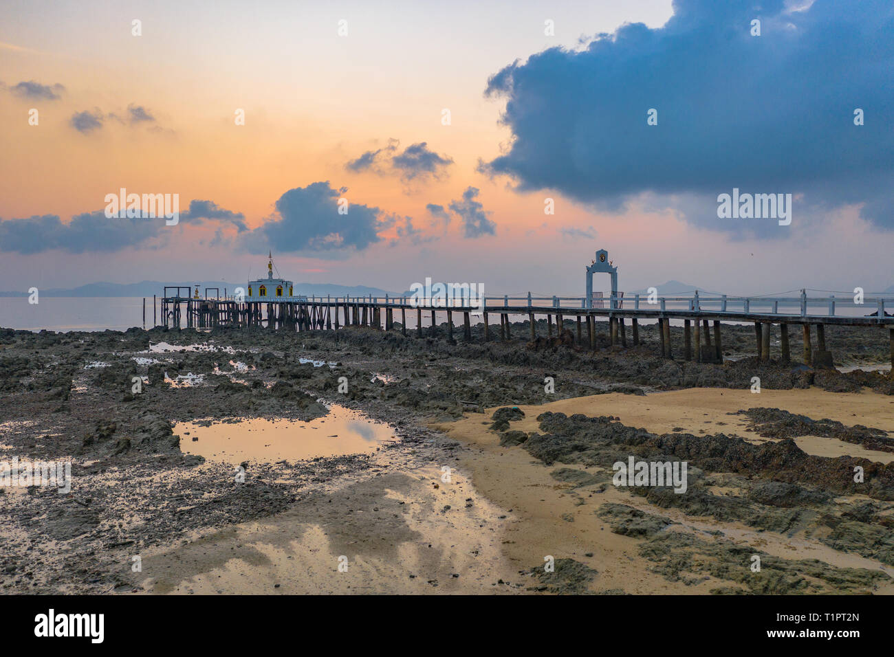 aerial view sunrise at pier of Phayam temple one landmark of Phayam ...