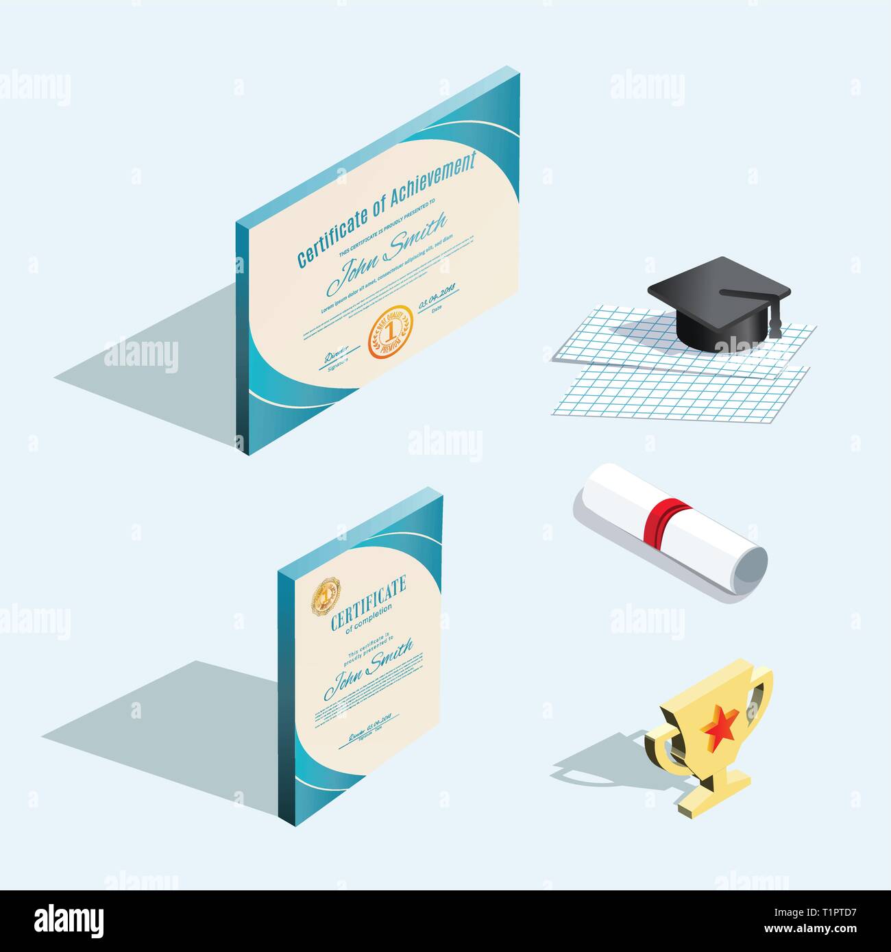 Isometric icons. Official certificates with turquoise design elements ...