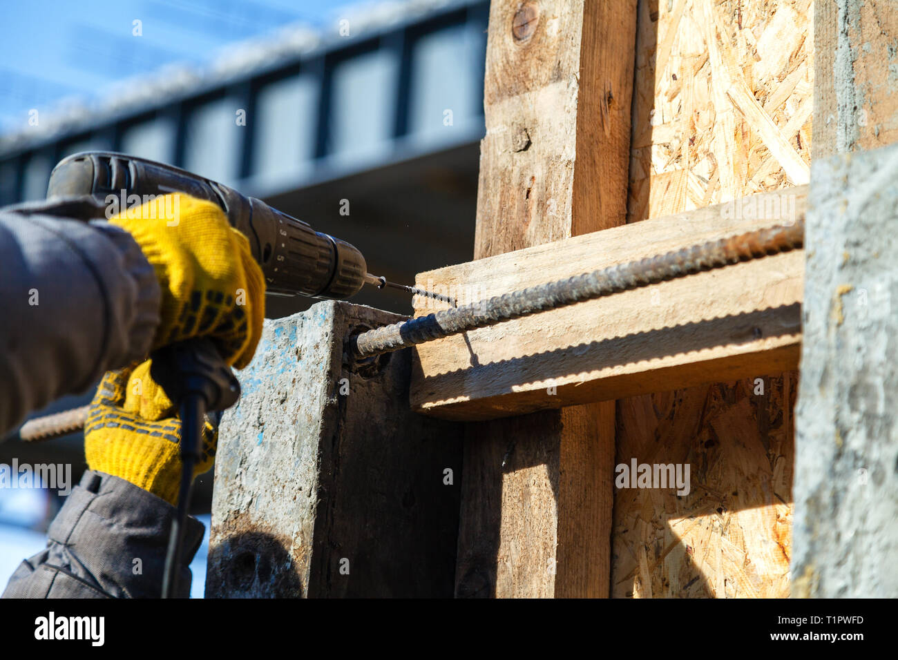 Putting some screws in a piece of wood. Screw twists on the floor Stock ...