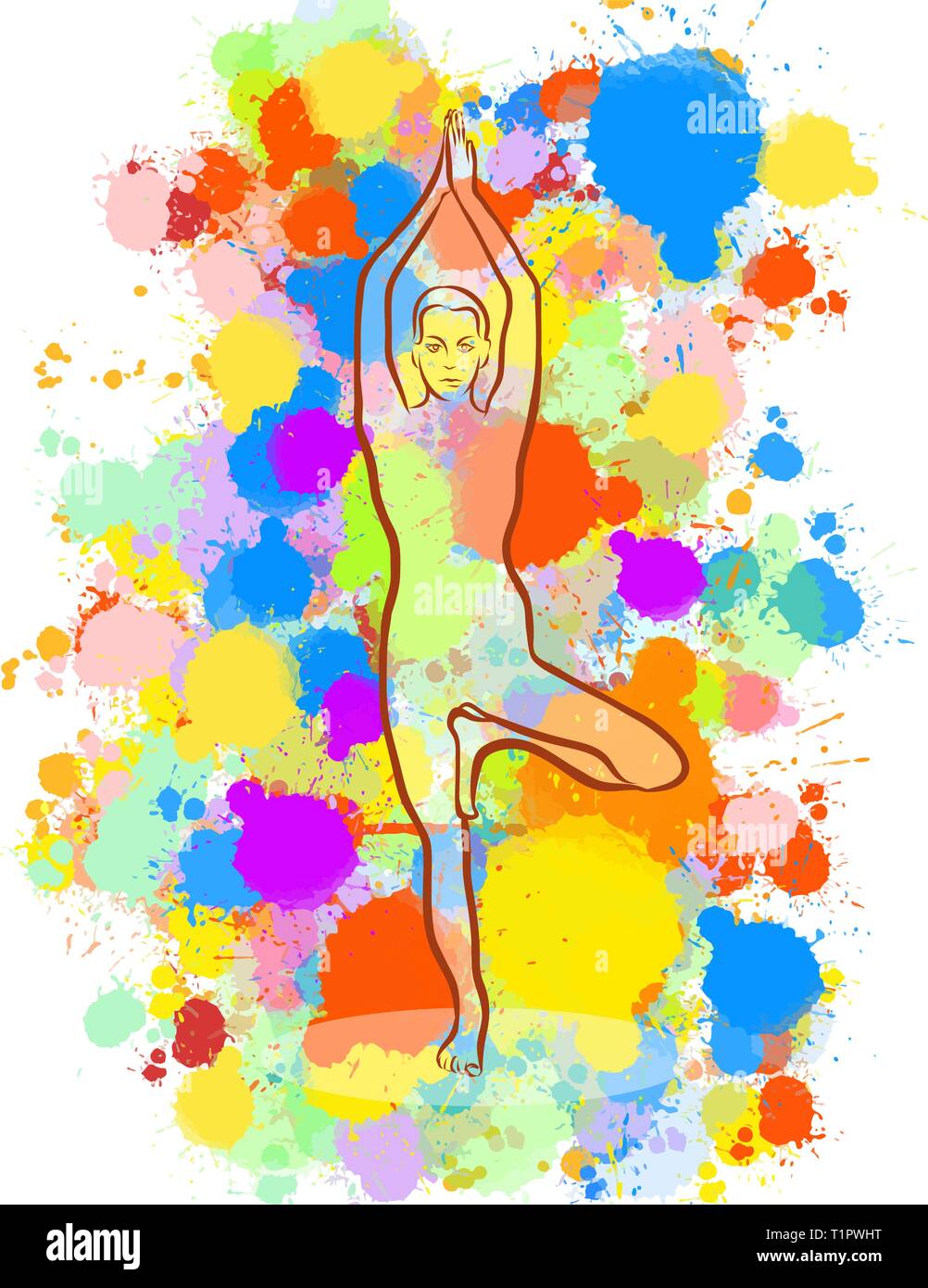 Creative tree Yoga Pose. Hand-drawn vector illustration, healthy ...