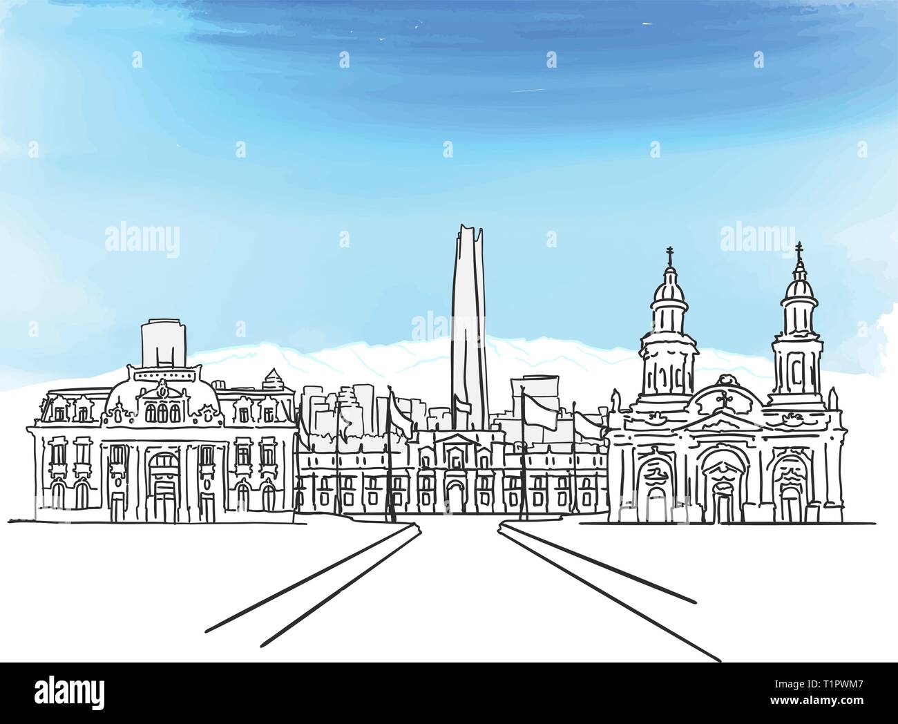 Santiago Chile panorama sketch with sky, hand-drawn outline drawing ...