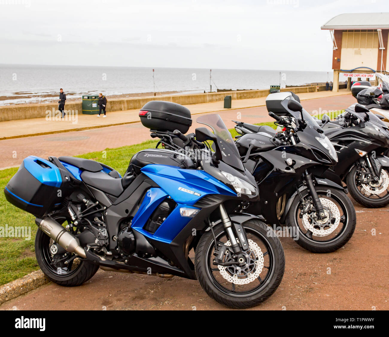A row of touring motorcycles parked up on the cliff top of the coastal ...