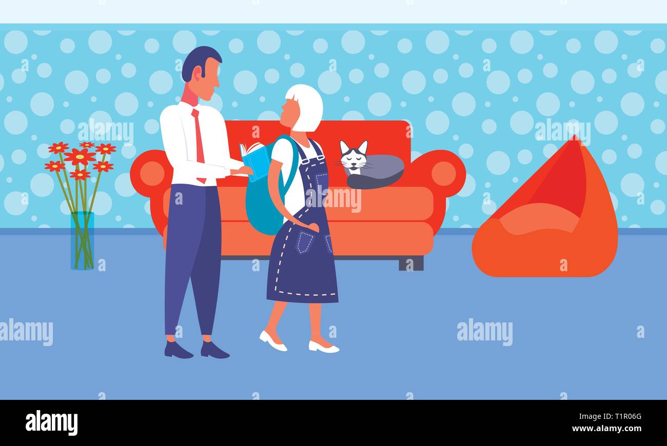 father helping little daughter packing backpack preparations for first ...