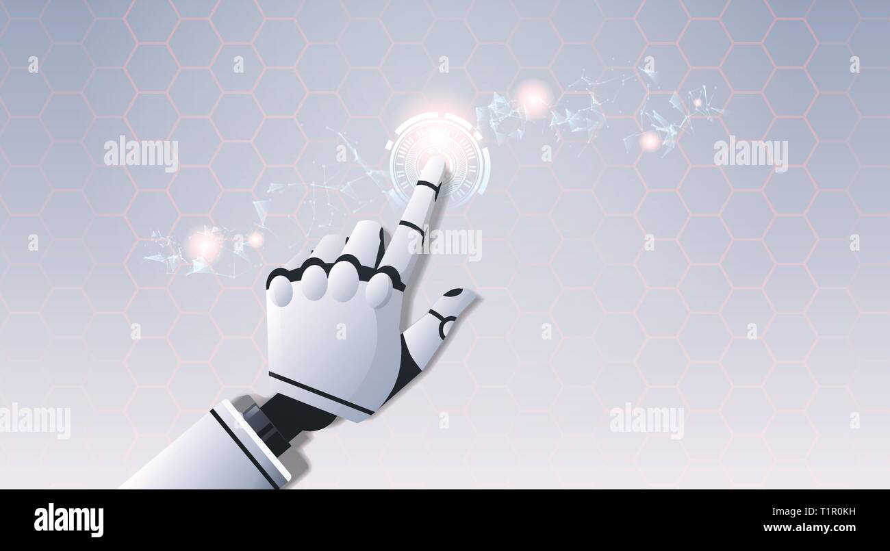 robot hand touching abstract virtual user interface touchscreen ...