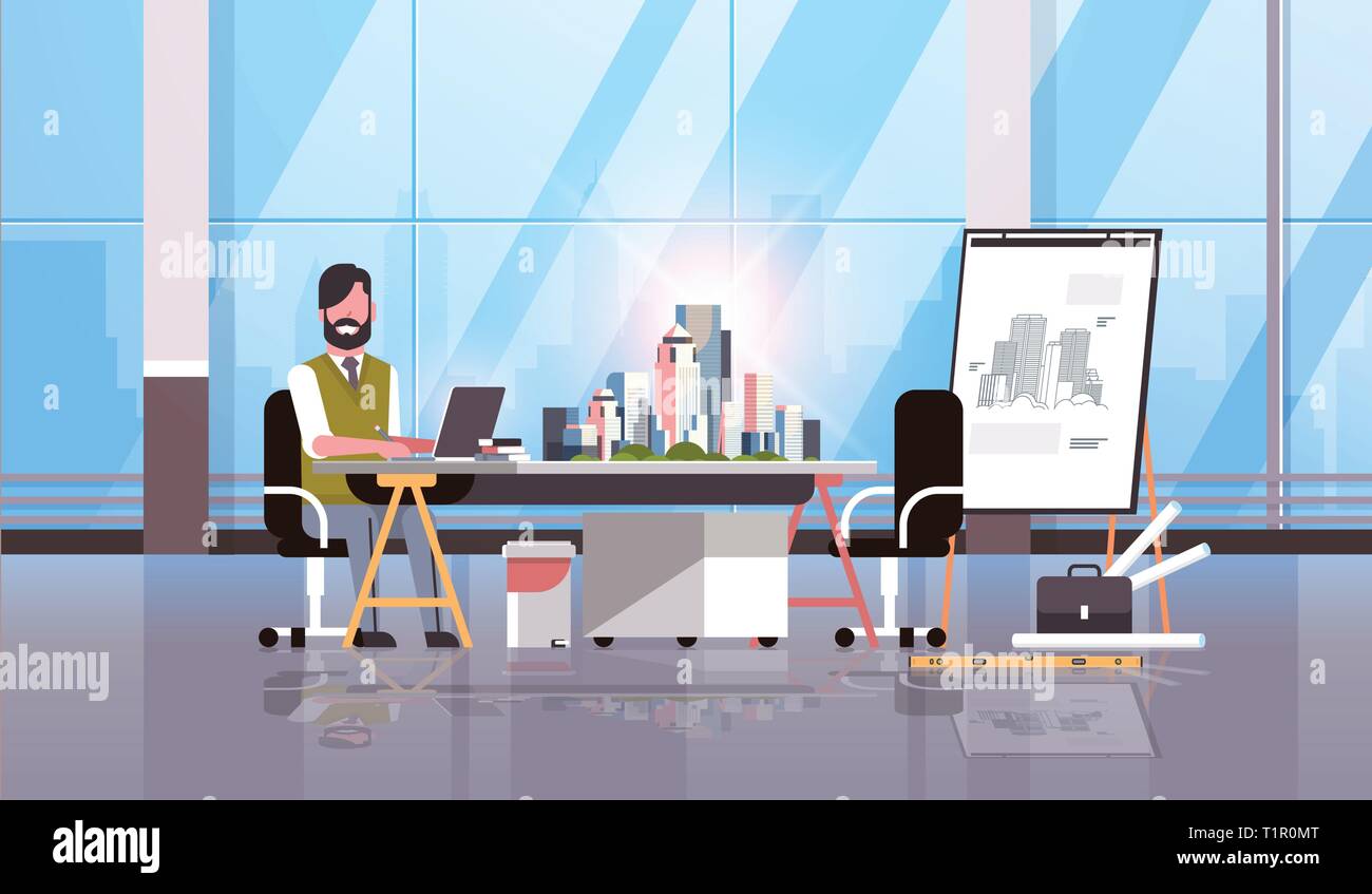 architect engineer using laptop house blueprint plan city building ...