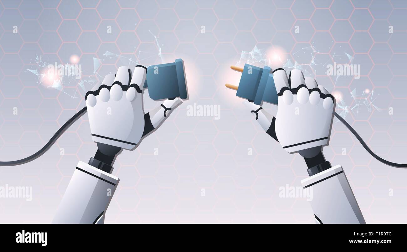 robot hands inserting plug in socket ready to connect top angle view ...