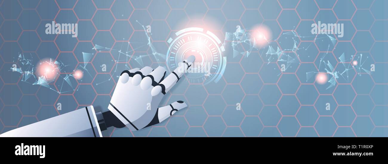 robot hand touching abstract virtual user interface touchscreen ...