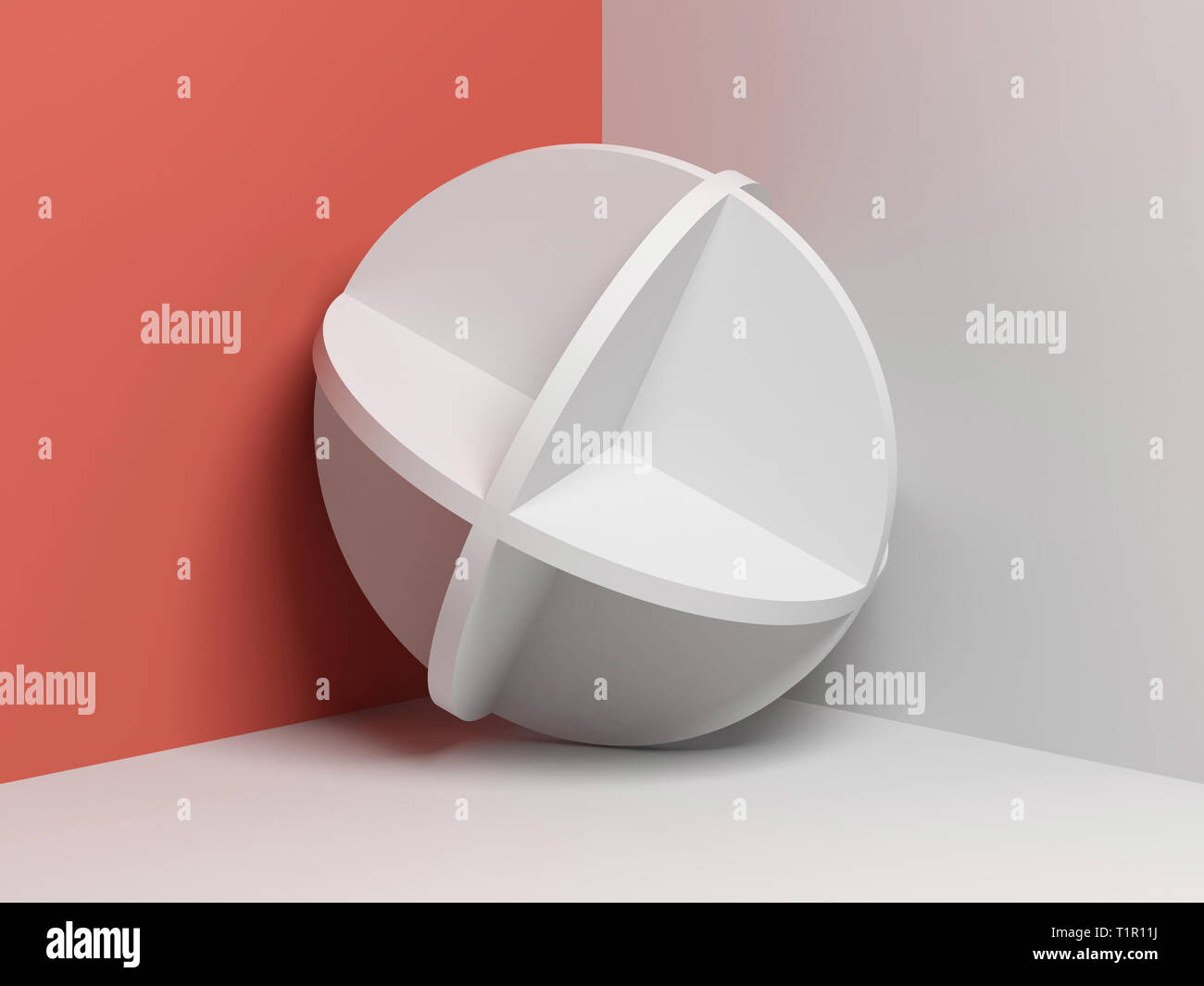 Abstract white compound object stands in a corner of pink white room ...