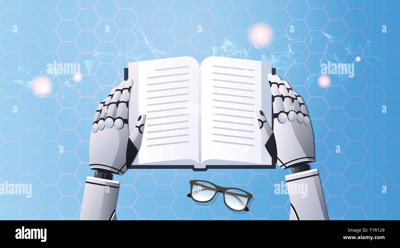 robot hands holding note book humanoid reading text top angle view ...