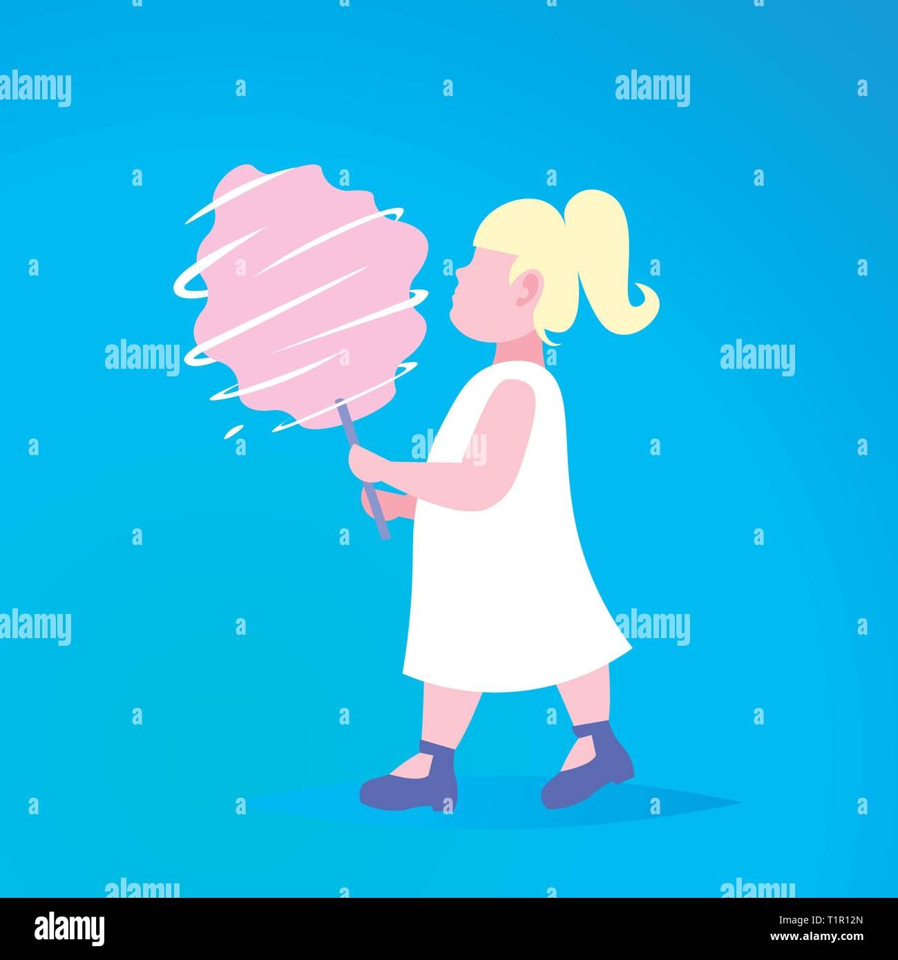 little girl eating pink candy-floss cute child walking city park having ...