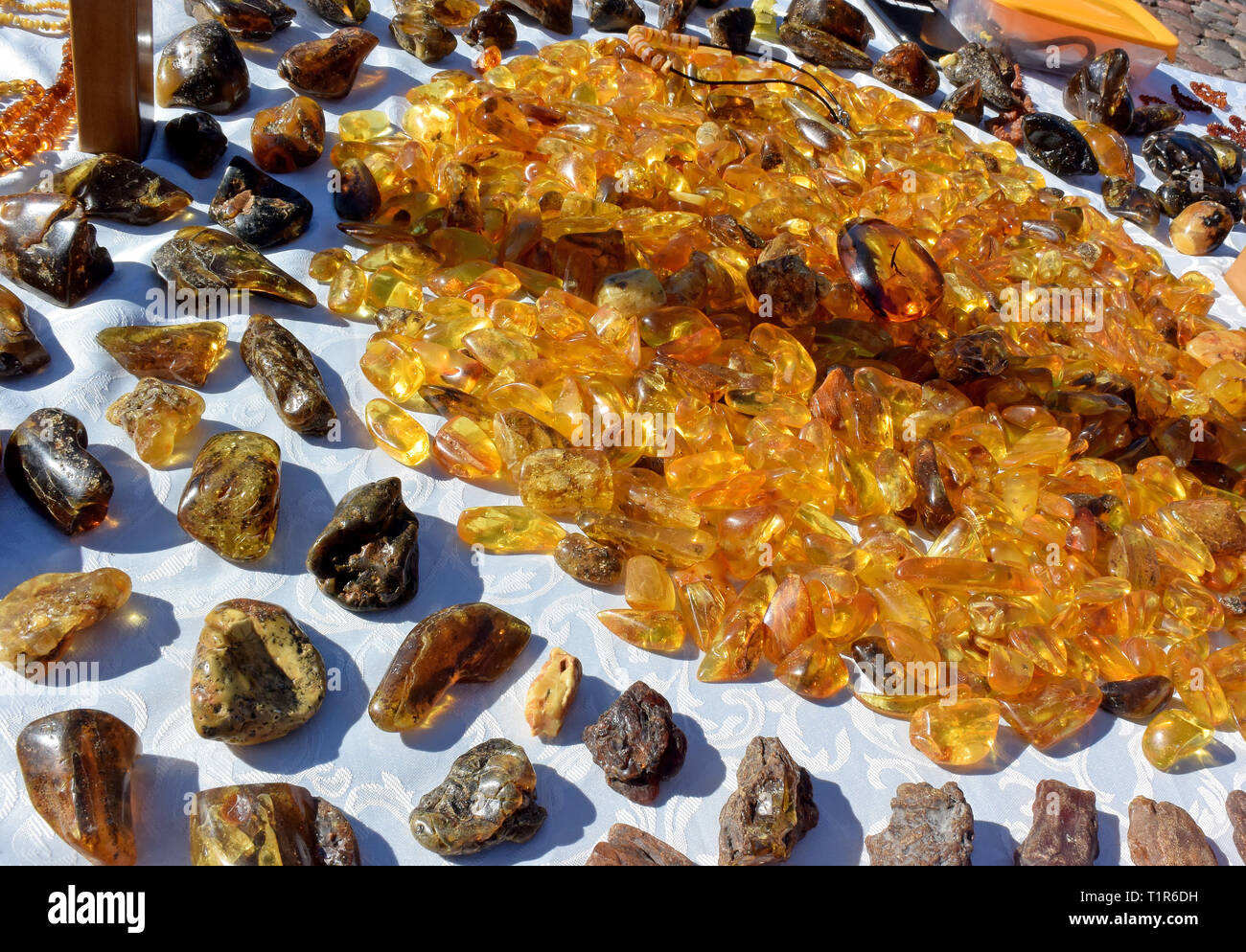 07 July 2018, Lithuania, Klaipeda: Amber is offered for sale at the ...