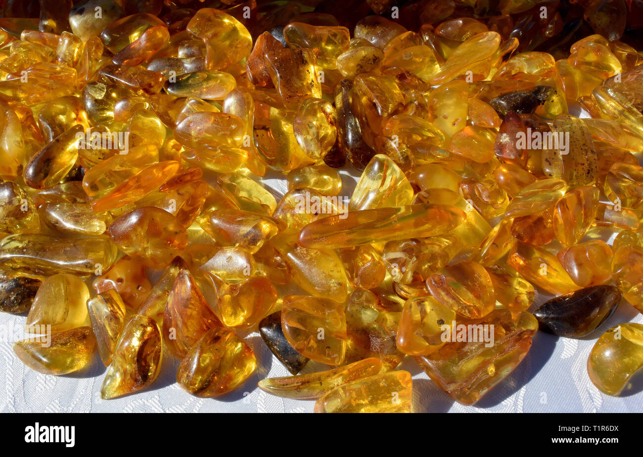 07 July 2018, Lithuania, Klaipeda: Amber is offered for sale at the ...