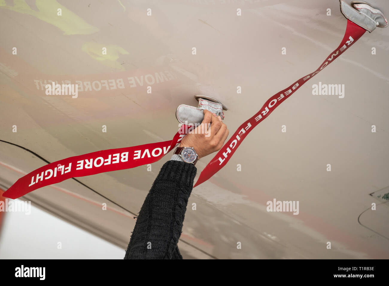28 March 2019, Bavaria, Nürnberg: Security pins with red ribbons with ...