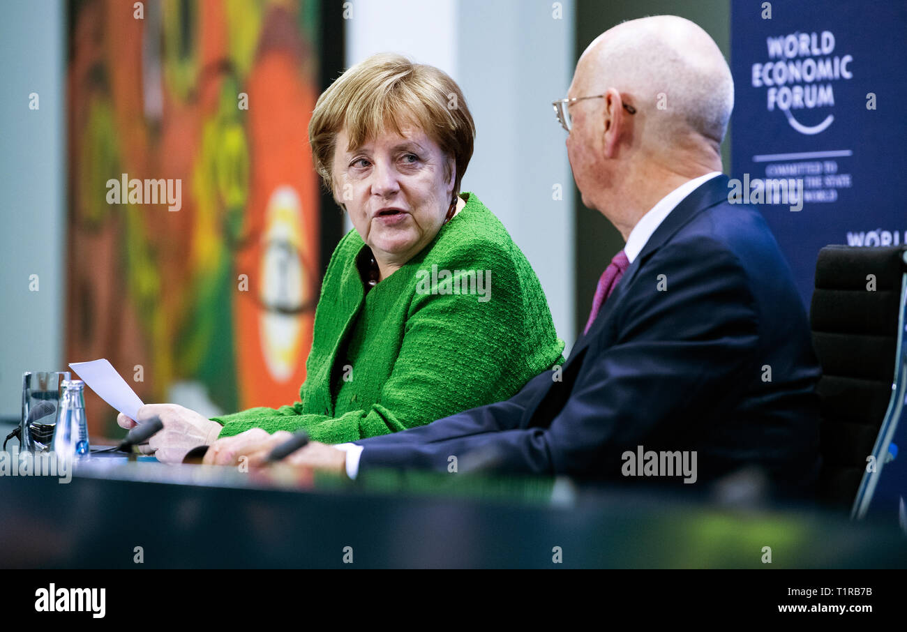 Berlin, Germany. 28th Mar, 2019. Federal Chancellor Angela Merkel (l ...