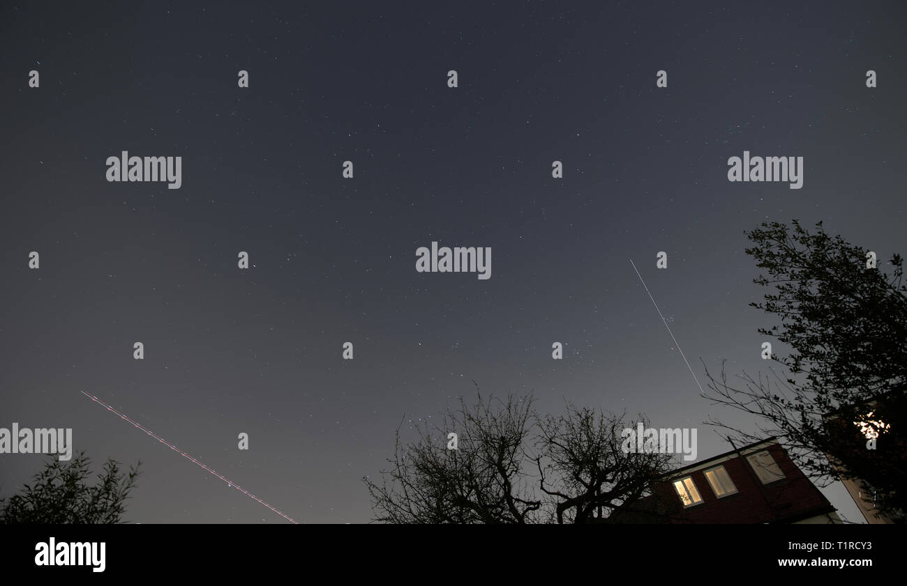 London, UK. 28 March, 2019. The International Space Station flies over ...