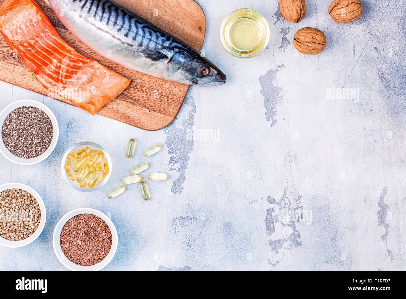 Sources of omega 3 - mackerel, salmon, flax seeds, hemp seeds, chia ...