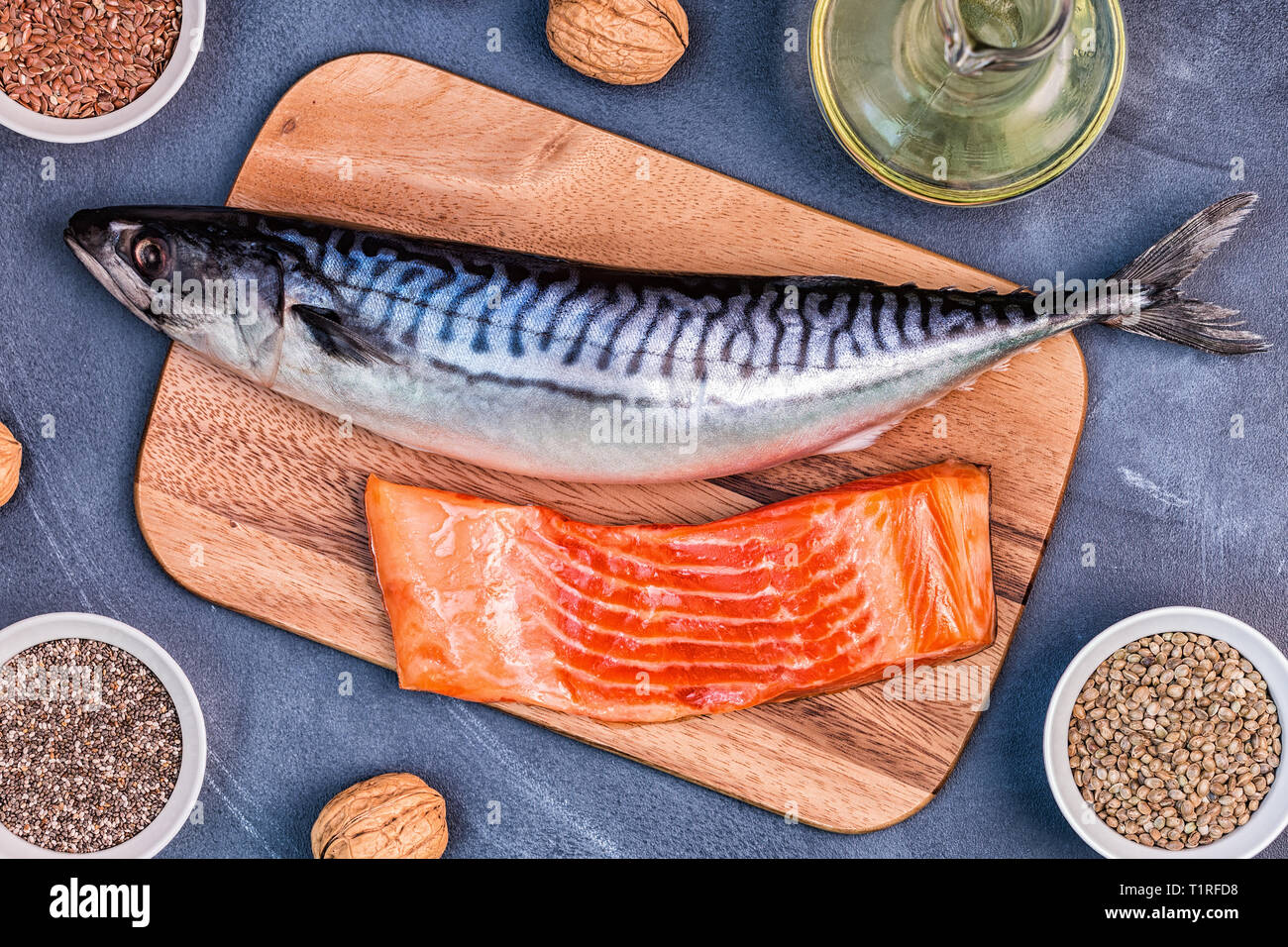 Sources of omega 3 - mackerel, salmon, flax seeds, hemp seeds, chia ...