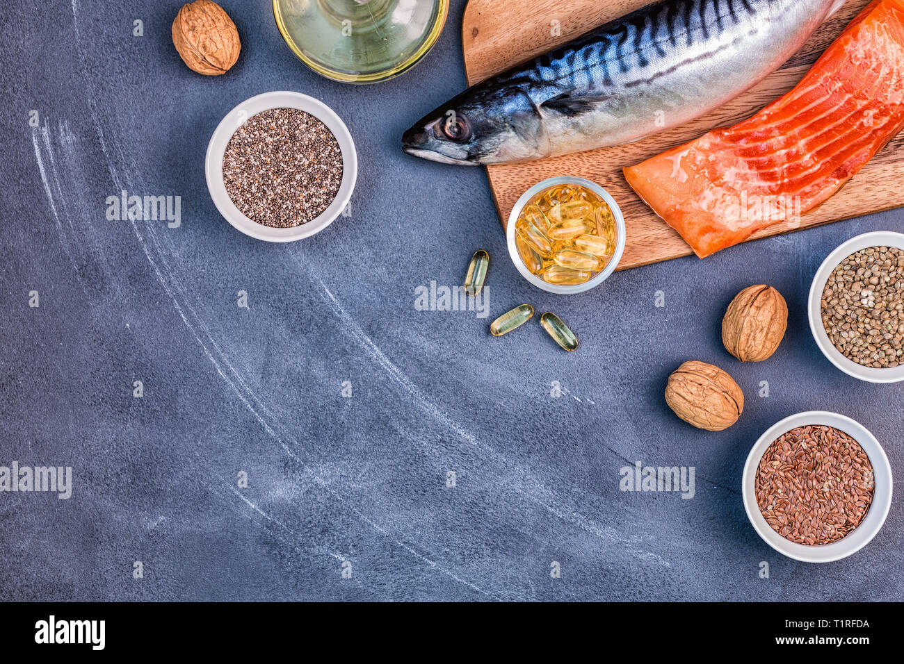 Sources of omega 3 - mackerel, salmon, flax seeds, hemp seeds, chia ...