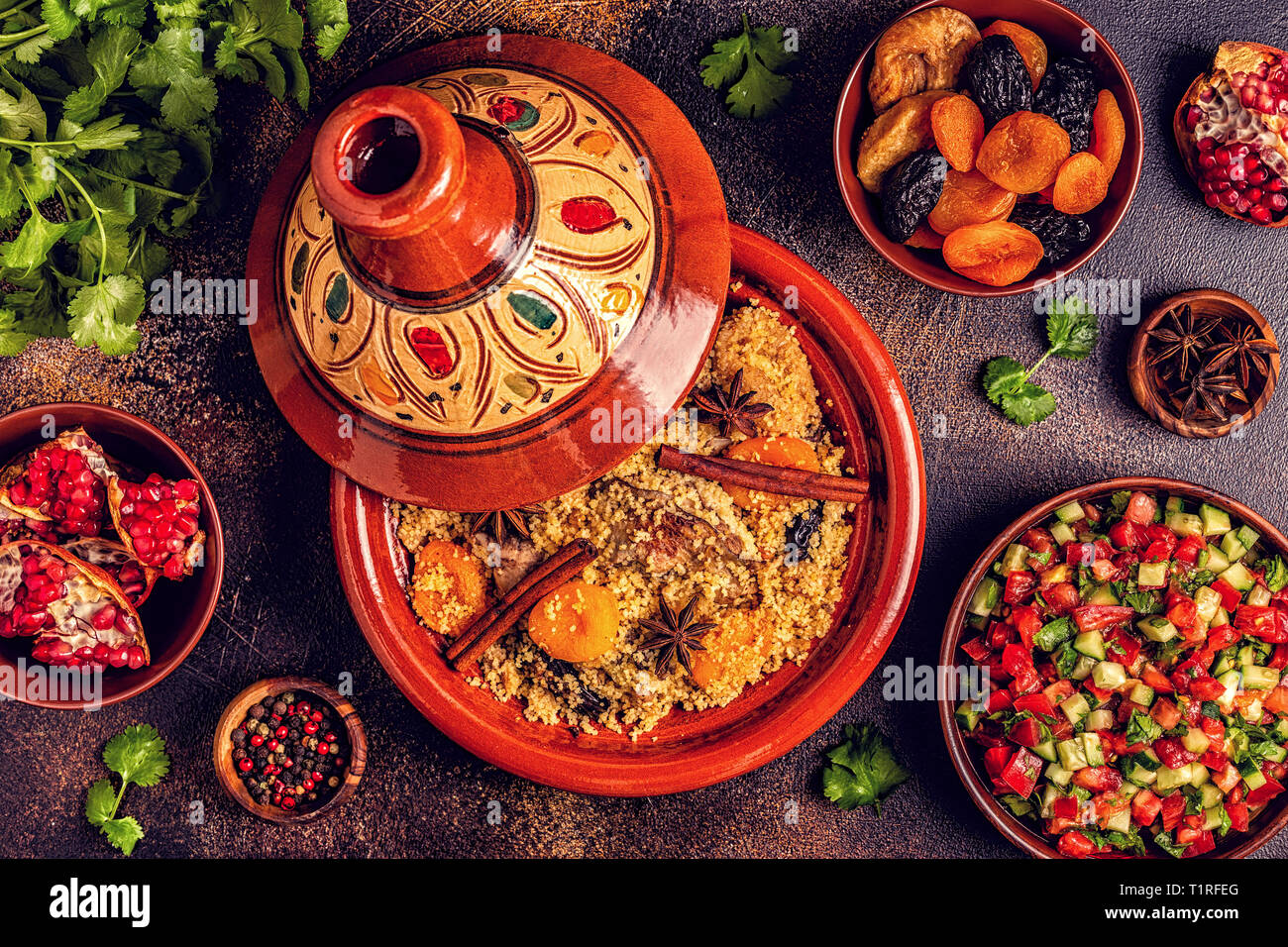 Traditional moroccan tajine of chicken with dried fruits and spices ...